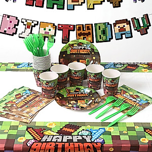 Nifasniy Birthday Party Supplies Decorations Favors Kit for Boys,Banner Plates Napkins Cups Tablecloth Balloons Forks Party Decor（Pixel）