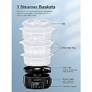 Cozeemax Food Steamer Electric, 13.7QT 3 Tier Digital Vegetable Steamer for Cooking With Appointment 800W, BPA Free, Dishwasher Safe, Auto Shutoff & Boil Dry Protection