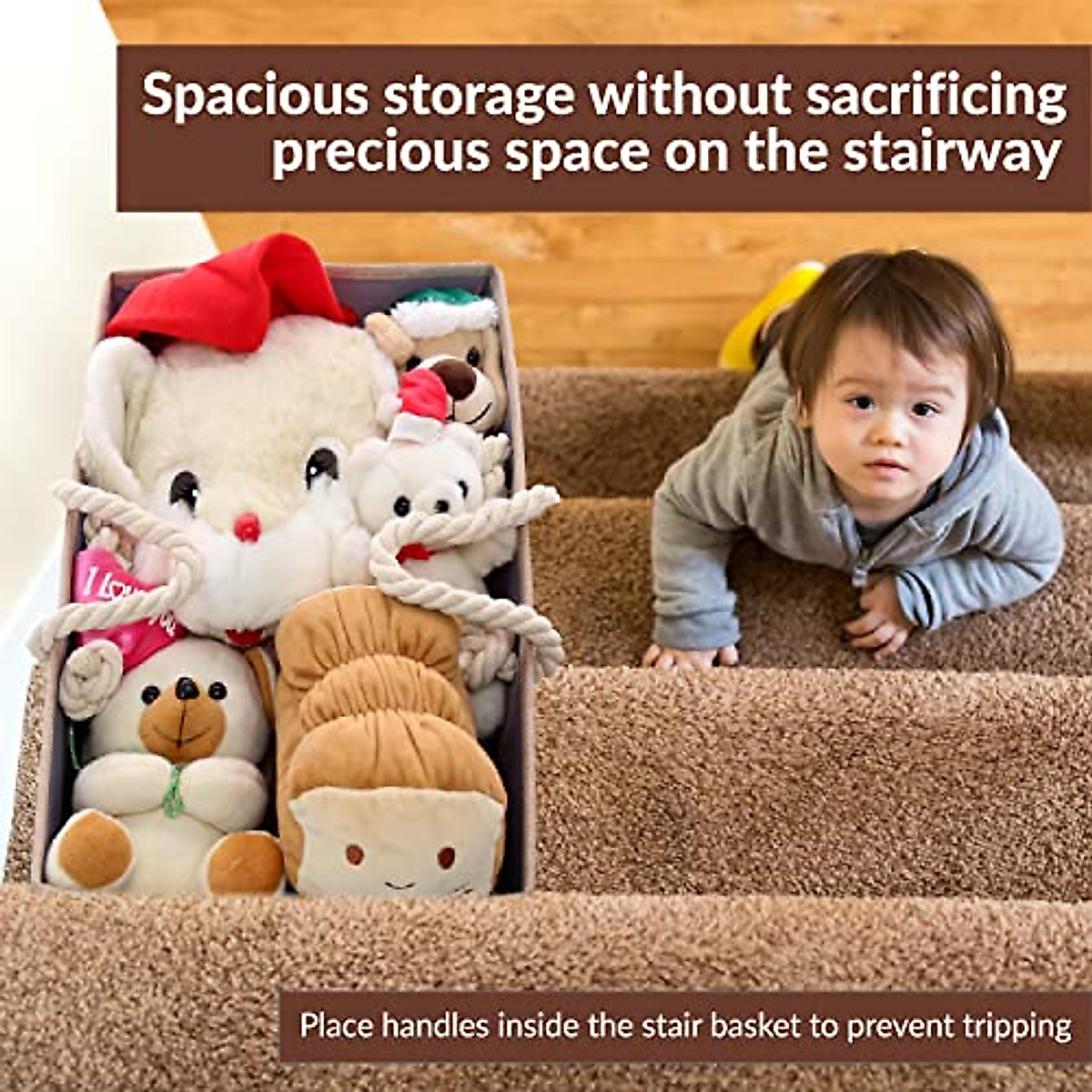 SAM AND MABEL Stair Basket for Stairs - Stair Baskets for Carpeted and Wooden Stairs, Collapsible Staircase Basket, Stair Step Basket Storage Organizer for Office and Home Decor (Soft Beige and Gray)