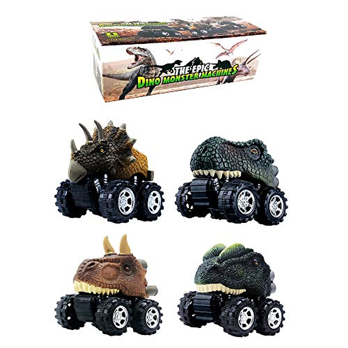 DINOBROS Pull Back Dinosaur Car Toys 4 Pack Dino Toys for 3 Year Old Boys and Toddlers T-Rex Dinosaur Games Monster Trucks