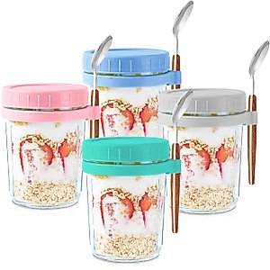 GUUTRY Overnight Oats Containers with lids and Spoons: 16 oz Mason Jars for Overnight Oats - 4 Pack Glass Meal Prep Container for Oatmeal - Food Storage Containers/Canning Jars/Food Jars
