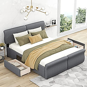 RORIGAT Queen Size Upholstery Platform Bed with Two Drawers,Wooden Bed Frame with Linen Fabric for Bedroom,Grey