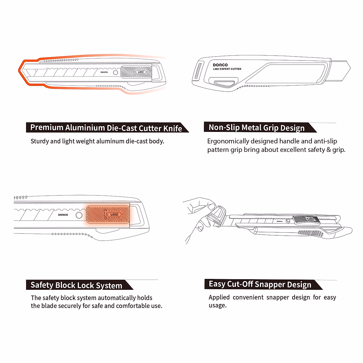 DORCO Professional L602 18mm Snap-Off Cutter Knife + Precision 18mm (11 Blades) - Premium Quality Die-Cast Body with Auto-Lock & Safety Block System