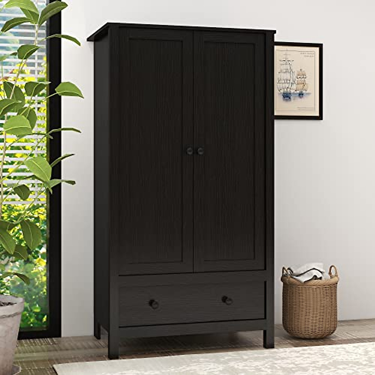 Panana 2 Door Wardrobe, Armoire with Drawer for Bedroom (Black)