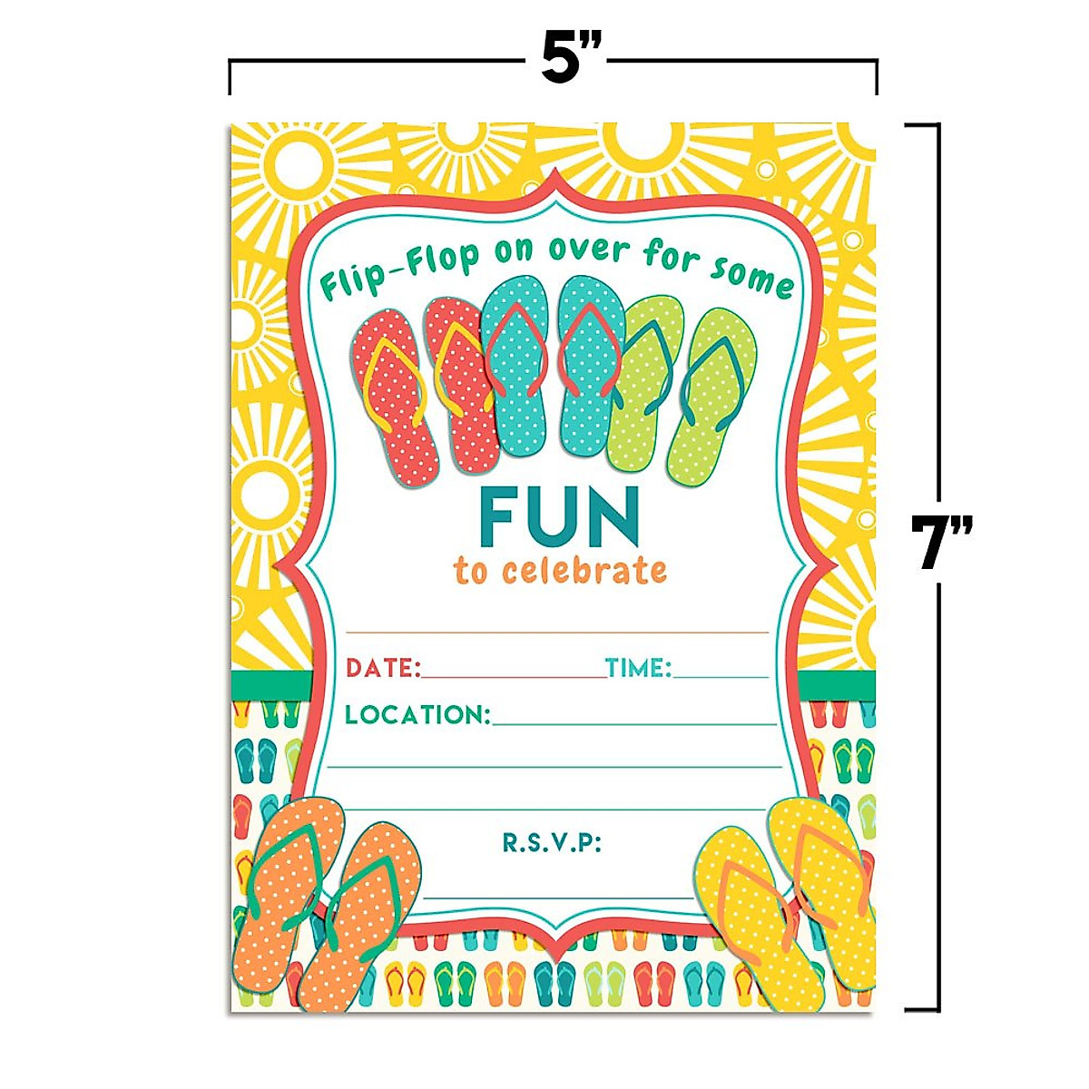 Amanda Creation Flip Flop Birthday Party Fill In Invitations set of 20 with envelopes. Perfect for Summer parties, graduation, family reunions, barbeques and more