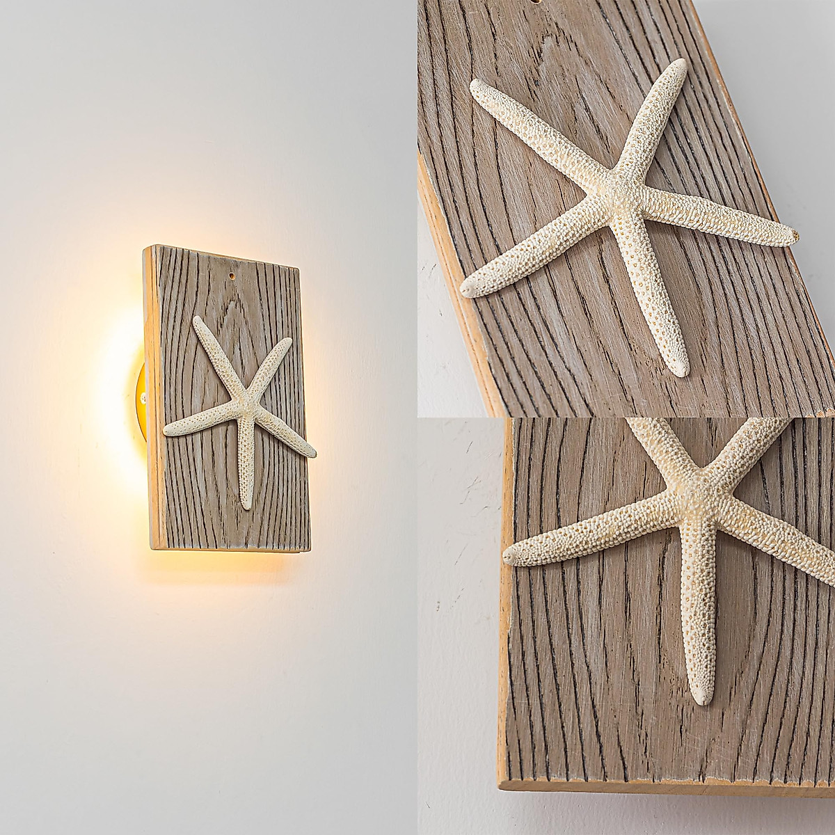 SKIVTGLAMP Raw Wood Wall Sconce Rechargeable Battery Operated LED PIP Motion IR Sensor Wall Lamp, No Drilling Cordless Hand Crafted Wall Mounted for Rustic Home Decor Backdrop Landscape Starfish