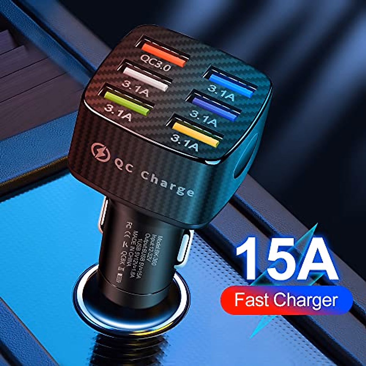 6-Port USB Fast Car Charger, QC3.0 Fast Charging Car Charger Adapter, 6 Multi Port Cigarette Lighter USB Charger, Car Phone Charger Compatible with iPhone & Android,Samsung Galaxy S10 S9 Plus and More