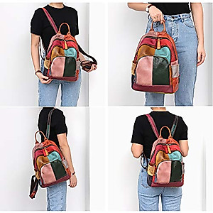 STEPHIECATH Vintage Genuine Leather Backpack Purse for women Laptop Colorful Patchwork Design Shoulder Daypack for Travel School