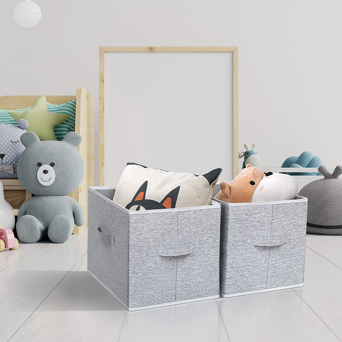 DIMJ Cube Storage Bins Foldable Storage Bins with Handles, Fabric Storage Basket for Shelf, Closet, Nursery, Office Organizer Grey and Beige (14.9x9.8x9.8 inches, Grey)