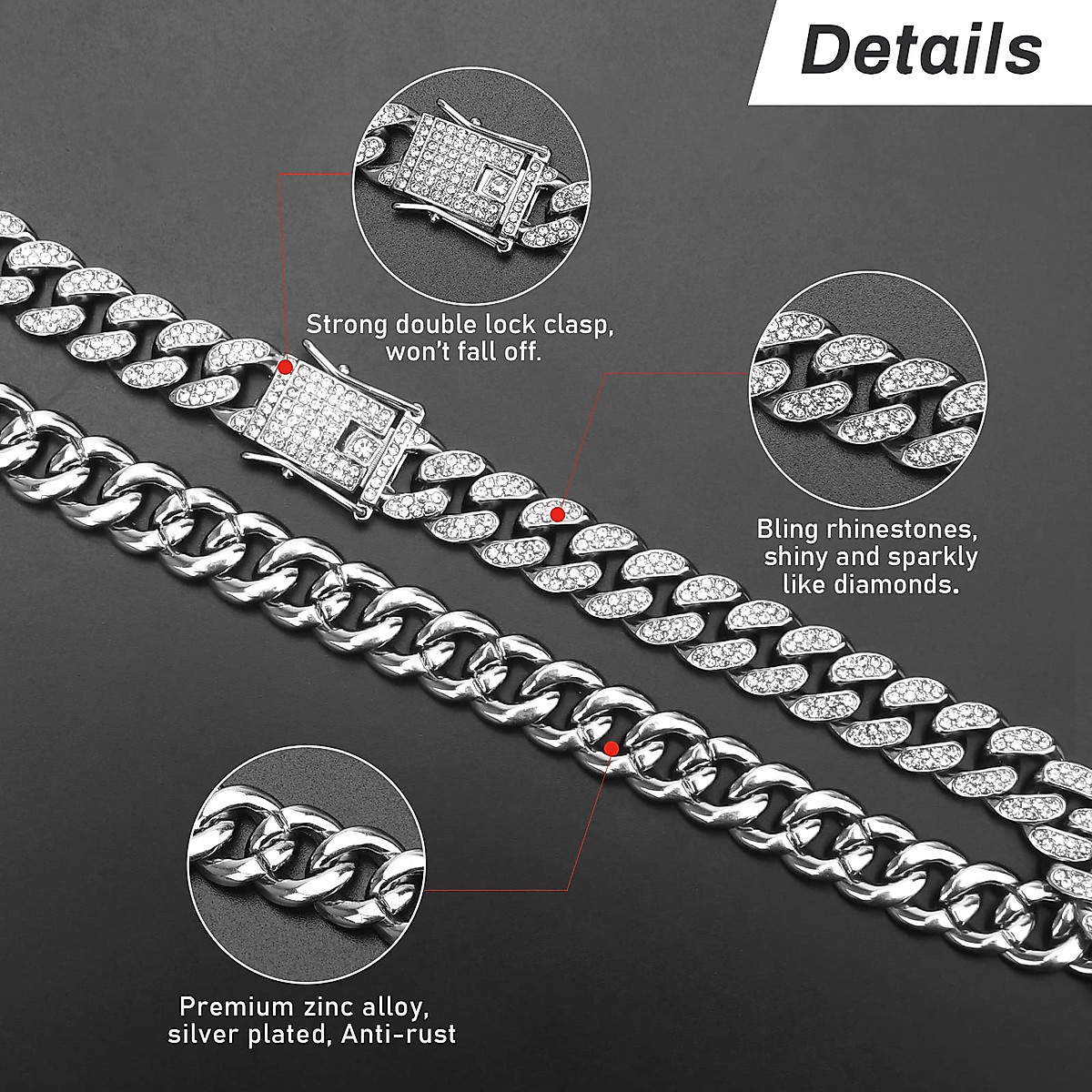 Coitak Cuban Link Chain Necklace, Silver/Gold Chain for Men, Bling Diamond Hip Hop Jewelry for Women 18 Inch (Silver)