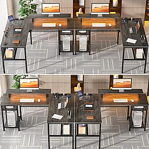 Unikito L Shaped Computer Desk with Magic Power Outlets and Smart LED Light, Reversible 55 Inch Corner Office Desk with Monitor Stand, Unique Grid Design, Gaming Table with Storage, Black Oak