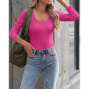 VICHYIE Fall Women's Square Neck Long Sleeve Shirts Scoop Ribbed Henley Tee Slim Fitted Casual Basic Tshirts Top Blouses Hot Pink L