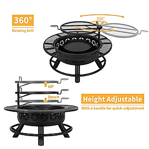 Hykolity 35 Inch Fire Pit with Cooking Grate & Charcoal Pan, Outdoor Wood Burning BBQ Grill Firepit Bowl with Cover Lid, Steel Round Table for Backyard Bonfire Patio Picnic