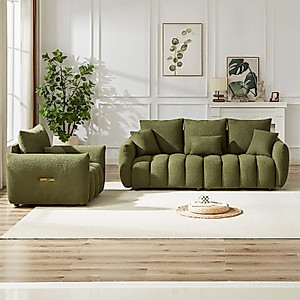 Antetek Teddy Sofa Set for Living Room, Modern Deep Seat Sofa Chair and Oversized 3-Seater Cloud Boucle Couch for Bedroom, Office, Apartment, Furniture Set, Green (2 Piece)