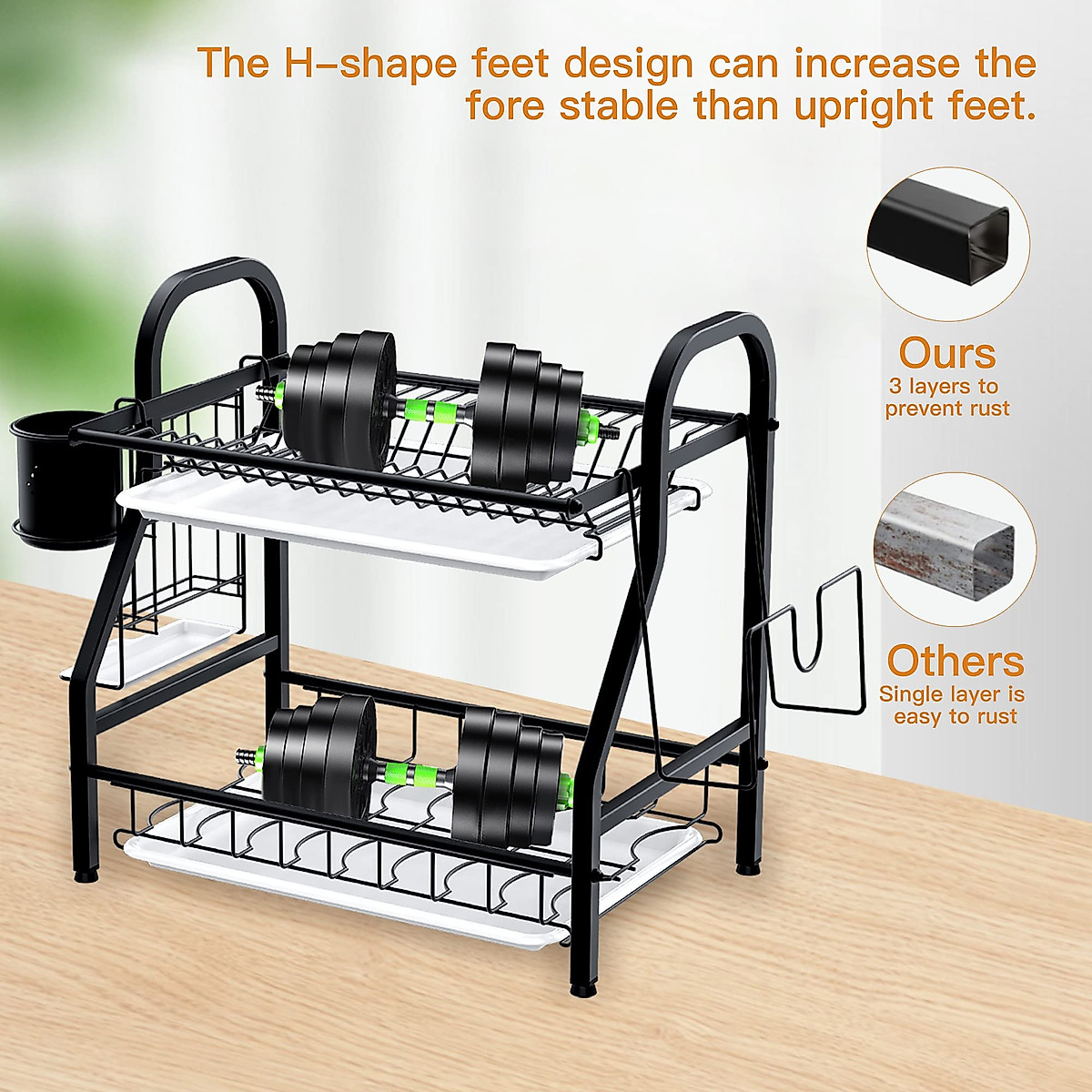 MERRYBOX Dish Drying Rack, 2 Tier Stainless Steel Plate Dish Rack Drainboard Set with 3 Trays, Utensil Holder, Cutting Board Holder, Anti-Rust Dish Drainer for Kitchen Counter Space Saving