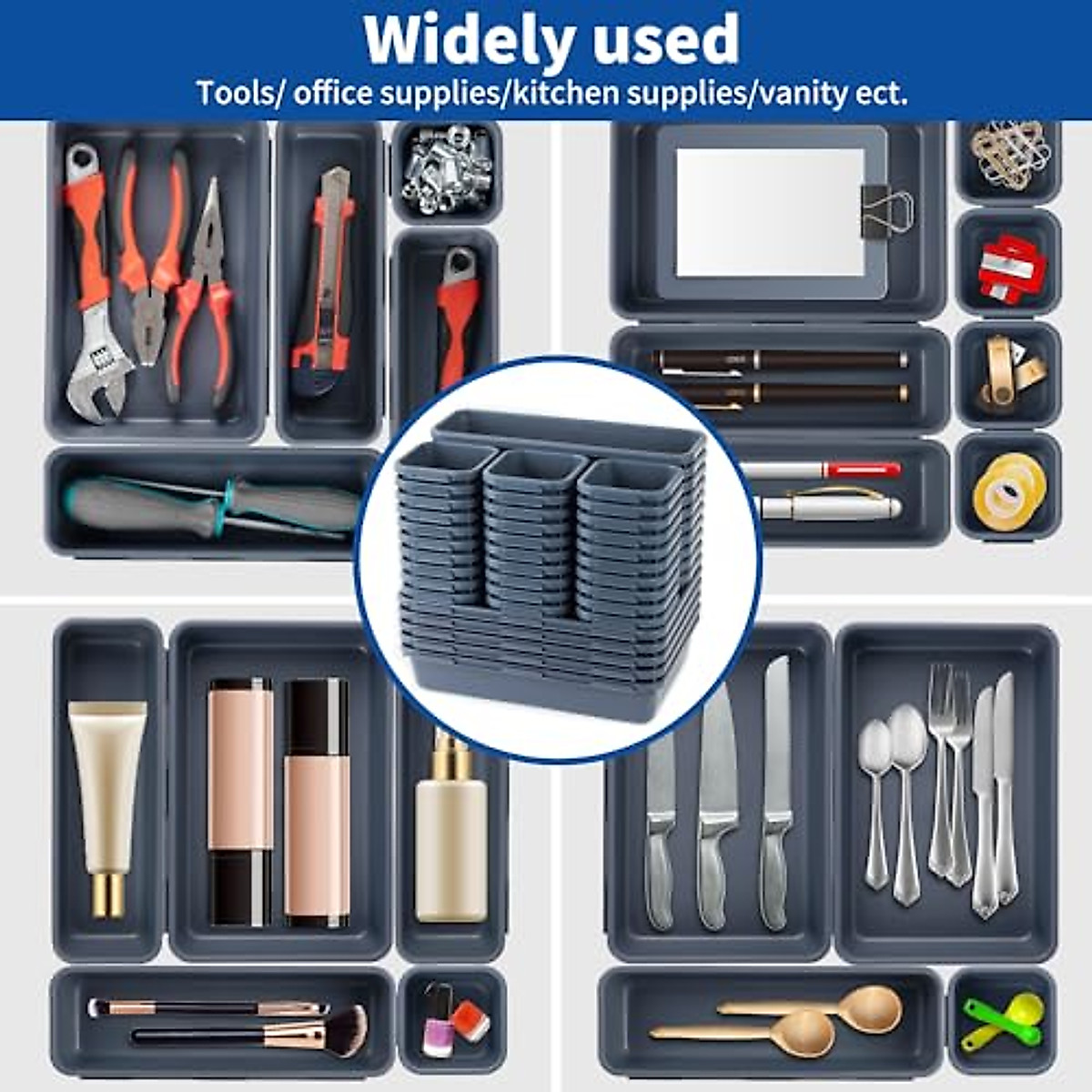 Giklux 45 Pack Tool Box Organizer Tray, 3-Sizes Tool Box Organizers And Storage, for Hammer, Wrench, Screw, Small Parts Toolbox Organization, Tool Cart Chest Garage Drawer Organizer Tray, Grey