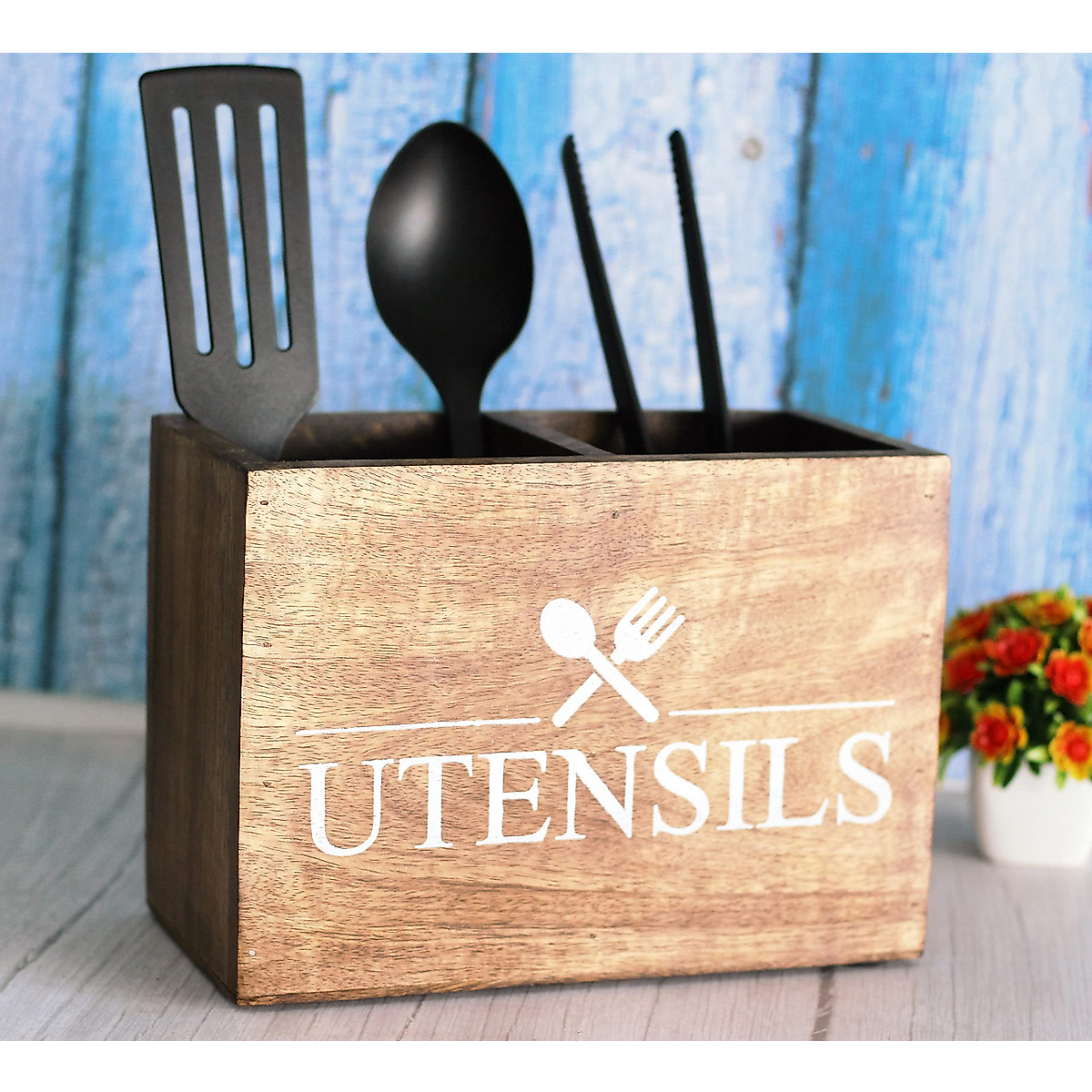 ARTISENIA Wooden Kitchen Utensil Holder With 2 Compartments Wood Utensil Organizer for Cutlery, Napkins, Cups Caddy Organizer | 9.5 X 5 X 7 Inch