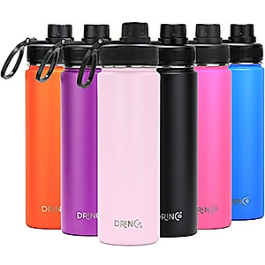 DRINCO Stainless Steel Water Bottle Spout Lid Vacuum Insulated Double Wall Water Bottle Wide Mouth (40oz 32oz 22oz 18oz 14oz) Leak Proof Keeps Cold or Hot (22 oz, 22oz Flamingo Pink)