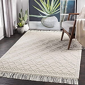 Leonardtown Moroccan Farmhouse Living Room Bedroom Wool Area Rug with Tassel - High Low, Wool - Moroccan Trellis - Hand Woven, Handmade, Beige, Grey, Light Brown - 5' x 7'6"