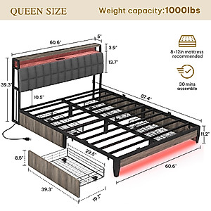 YITAHOME Queen Size Bed Frame with RGB LED Lights and 4 Drawers, Upholstered Platform Bed with Charging Station and Storage Headboard, No Box Spring Needed, Noise-Free, Fast Assembly, Rustic Grey