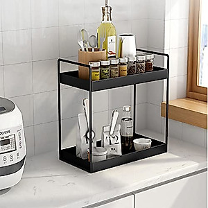 KINGBERWI 2-Tier Standing Rack, Bathroom Countertop Storage Shelf Cosmetic Organizer Holder Kitchen Spice Rack, Black