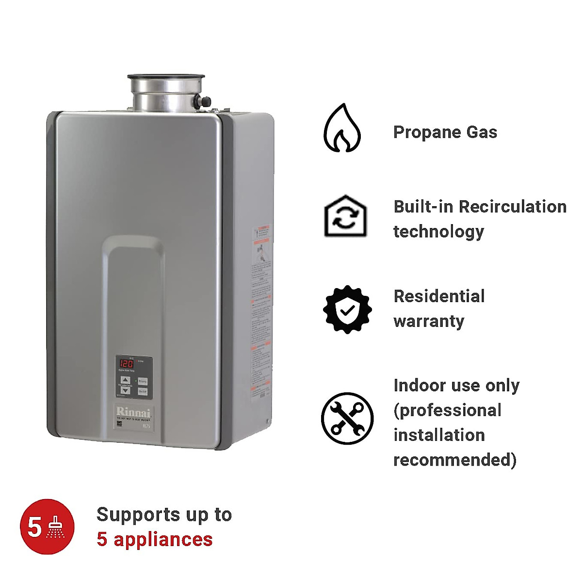 Rinnai RL94iP Tankless Hot Water Heater, 9.8 GPM, Propane, Indoor Installation
