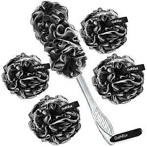Bathflor Loofah Sponge Exfoliating Body Scrubber: 4PCS Extra Large 80g Shower Loofahs Poufs, 1PCS Long Handle Loofa Back Scrubber, 1PCS Luffa Hook, Charcoal Loofah Pack for Women Men Bath Wash, Black