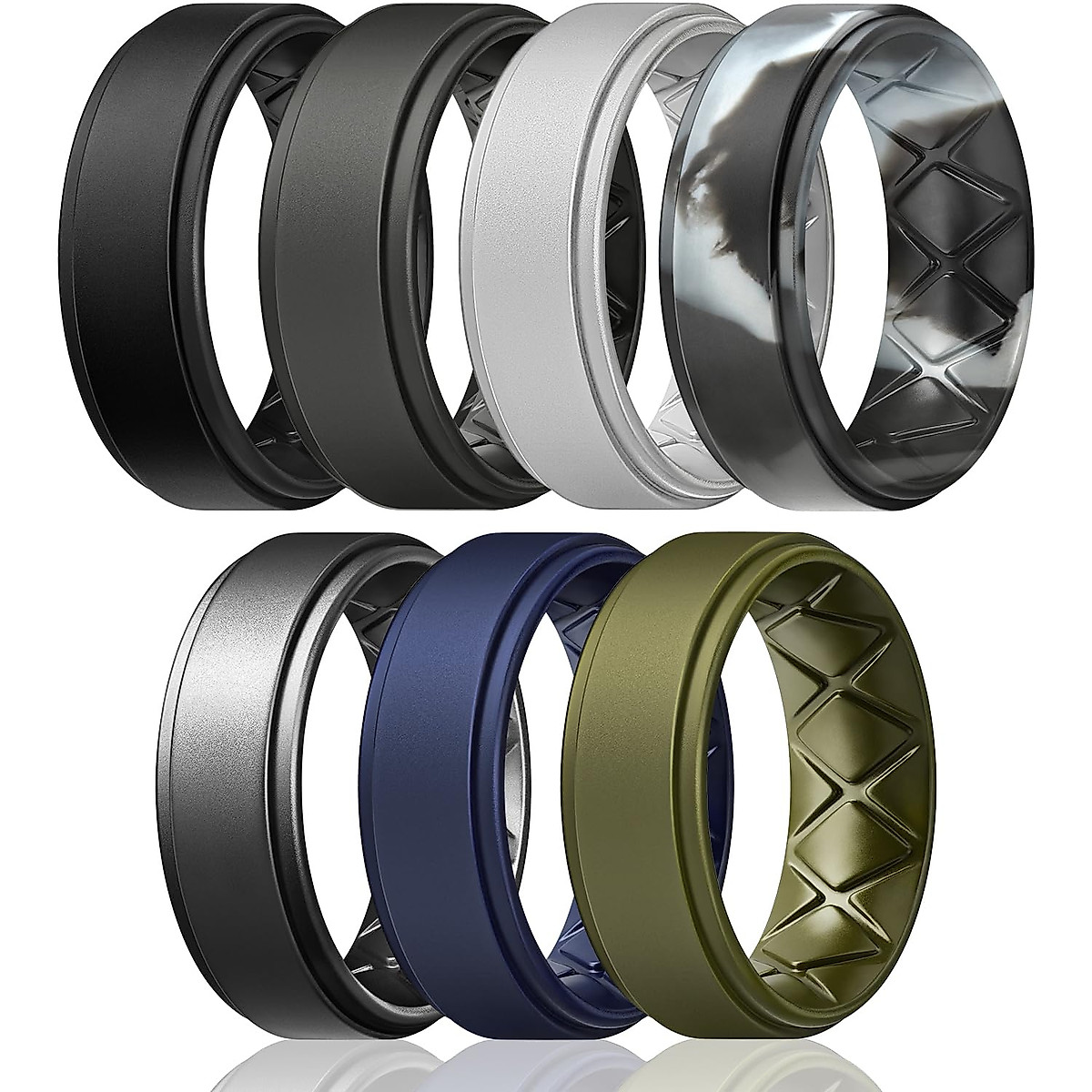 Egnaro Silicone Wedding Wedding Band Men, Silicone Rings for Men, 7 Rings Step Edge Rubber Wedding Bands Comfort for Workout, 8mm Wide-2mm Thick,Black、white，Green，Gray Size 10