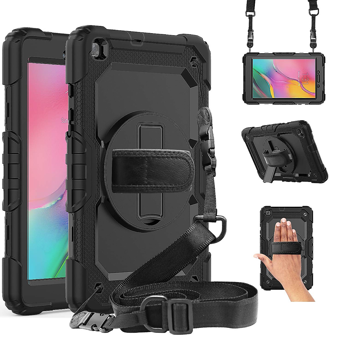 Samsung Galaxy Tab A 8.0 Case 2019 with Screen Protector Pencil Holder | Rugged SM-T290/T295/T297 Case for Kids | Blosomeet Heavy Duty Shockproof Protective Cover w/ Stand Hand Shoulder Strap | Black