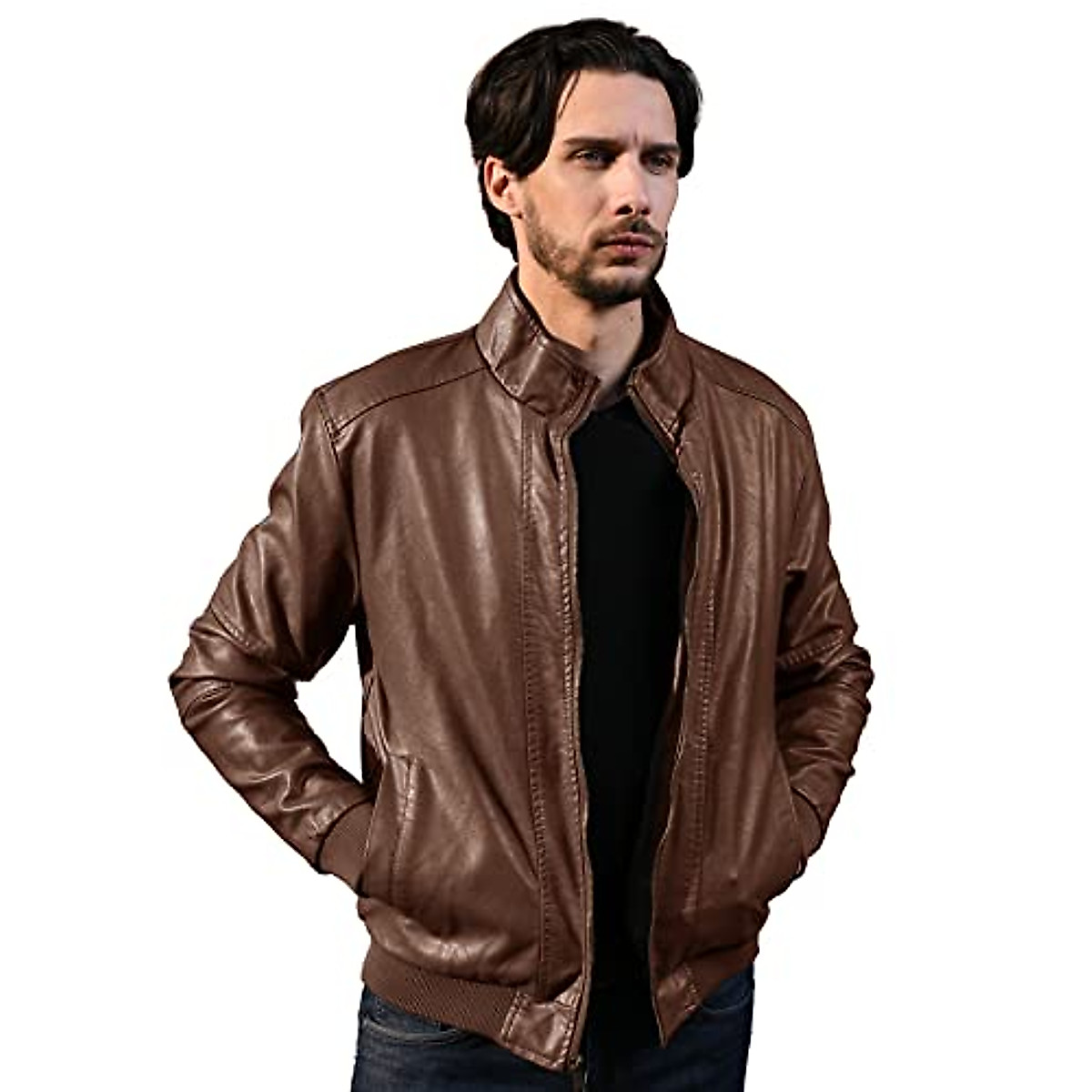 WenVen Men's Stand Collar Fleece Lined Bomber Faux Leather Jacket (Field, M)