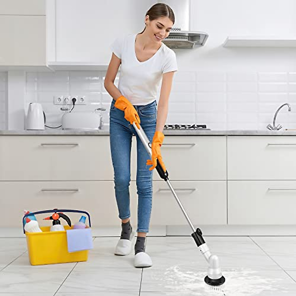 Electric Spin Scrubber, GOFOIT Cordless Shower Scrubber for Cleaning Bathroom, Tile, Floor, Tub and Power Cleaning Brush with Adjustable Extension Handle and 5 Replaceable Rotating Brush Heads