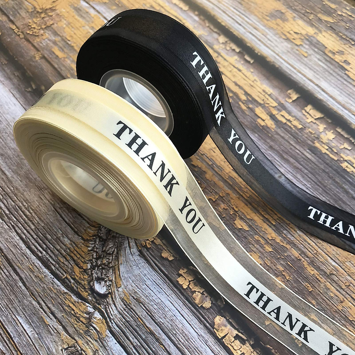 LXKBD 2 Rolls Satin Organza Ribbons with “Thank You" Printing ,1 Inch by 25 Yard Spool for Thanksgiving Day Gift Wrapping,Wedding Favor,Cake Box Decoration and Handmade Crafts (Black and Champagne)