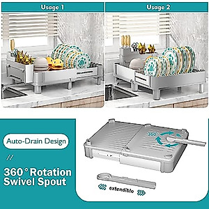 YKLSLH Expandable Dish Drying Rack Dish Racks for Kitchen Counter, Space Saving Dish Rack,12.6"-18.6" Expandable Drying Rack with Drainboard, Utensil Holder - Gray