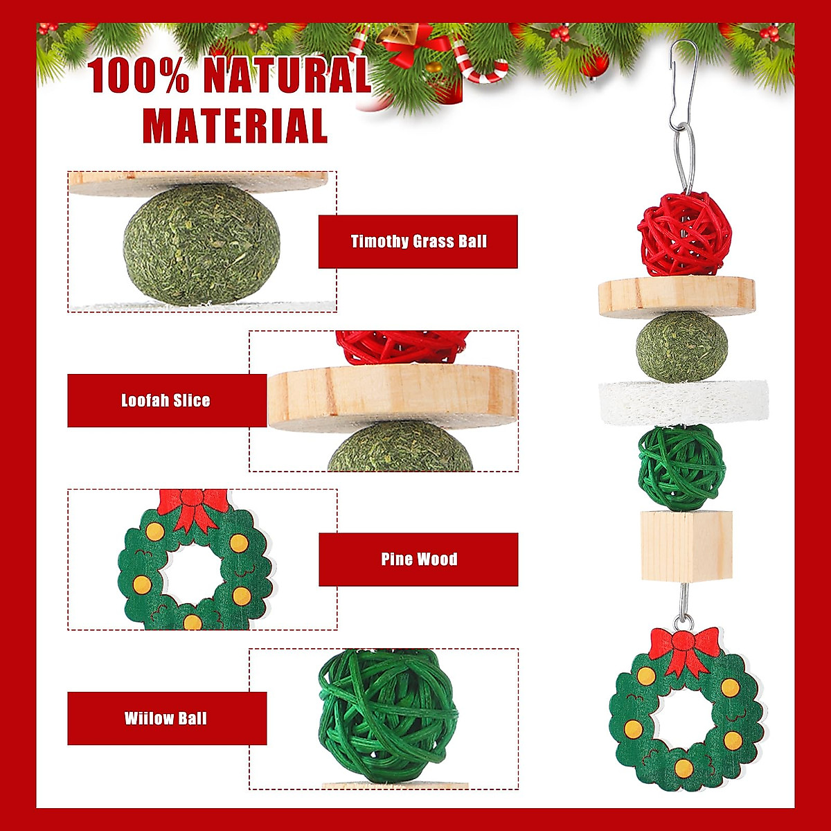 Shappy 9 Pcs Christmas Guinea Pig Toys Xmas Bunny Rabbit Hamster Chinchilla Hanging Toys for Teeth Grinding Natural Apple Wood Grass Treats Cage Chews for Small Pets Gifts