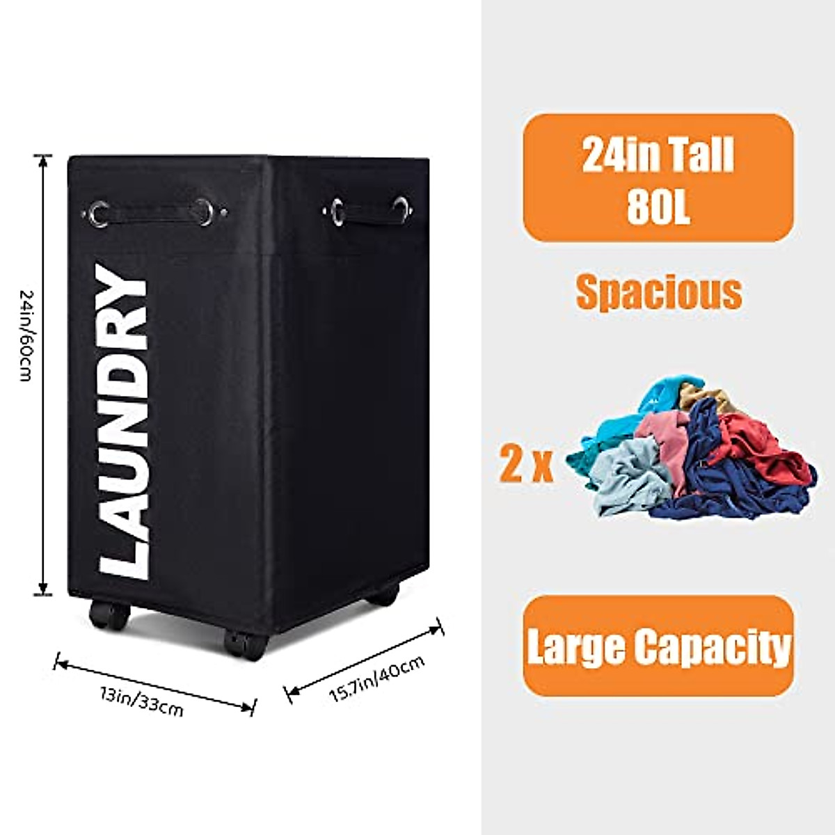 CAROEAS 23" Pro+ WHEELED Laundry Hamper Black&White Breathable Cover Heavy Duty Laundry Sorter Dirty Clothes Organizer Waterproof Foldable Laundry Basket Extra Large Laundry Bag (Pro Plus 23",Black)