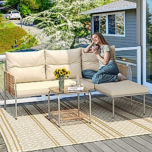 YITAHOME 3 Pieces Patio Furniture Set, Outdoor Wicker Conversation Set, All-Weather Rattan Sectional L-Shaped Sofa Detachable Lounger with Cushions and Coffee Table for Backyard, Porch, Boho - Beige