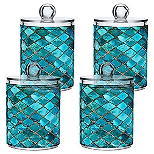 MCHIVER Teal Mermaid Bathroom Canisters Organizer 2 Pack Clear Plastic Jars with Lids 10 Oz Vanity Organizer for Cotton Round Pads Ball Swab Floss