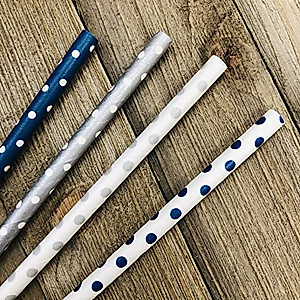 Navy Blue Silver and White Paper Straws - Polka Dot - 7.75 Inches - Pack of 100- Outside the Box Papers Brand