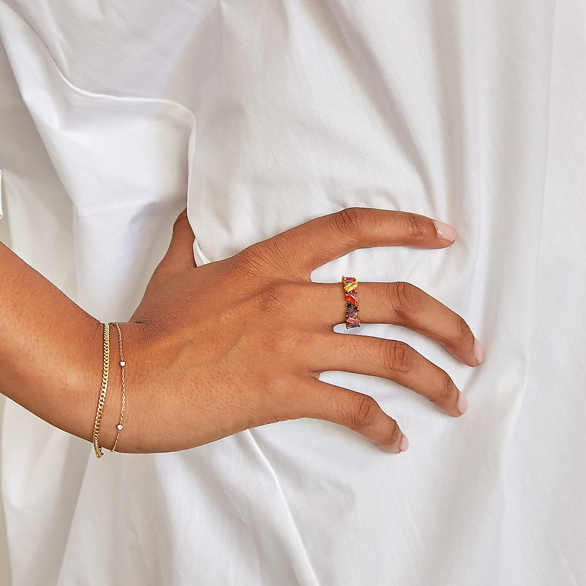 Kemstone Colorful Dainty Cubic Zirconia Rainbow Square Zircon Statement Ring for Women