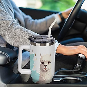 LLUTSNTH 40 Oz Vacuum Tumbler with White Handle Leakproof Insulated Tumbler Llama Alpaca Stainless Steel Travel Mug with Lid And Straw Coffee Cup Cute Water Bottles Cup Holder Friendly