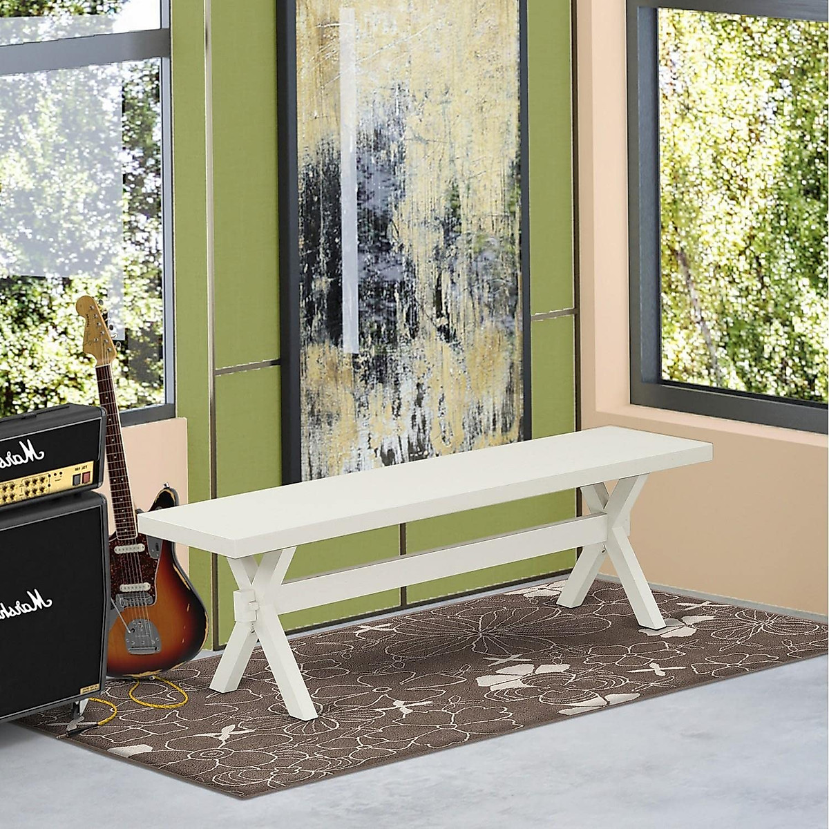 East West Furniture XB026 X-Style Modern Dining Room Bench with Wood Seat, 60x15x18 Inch, Multi-Color