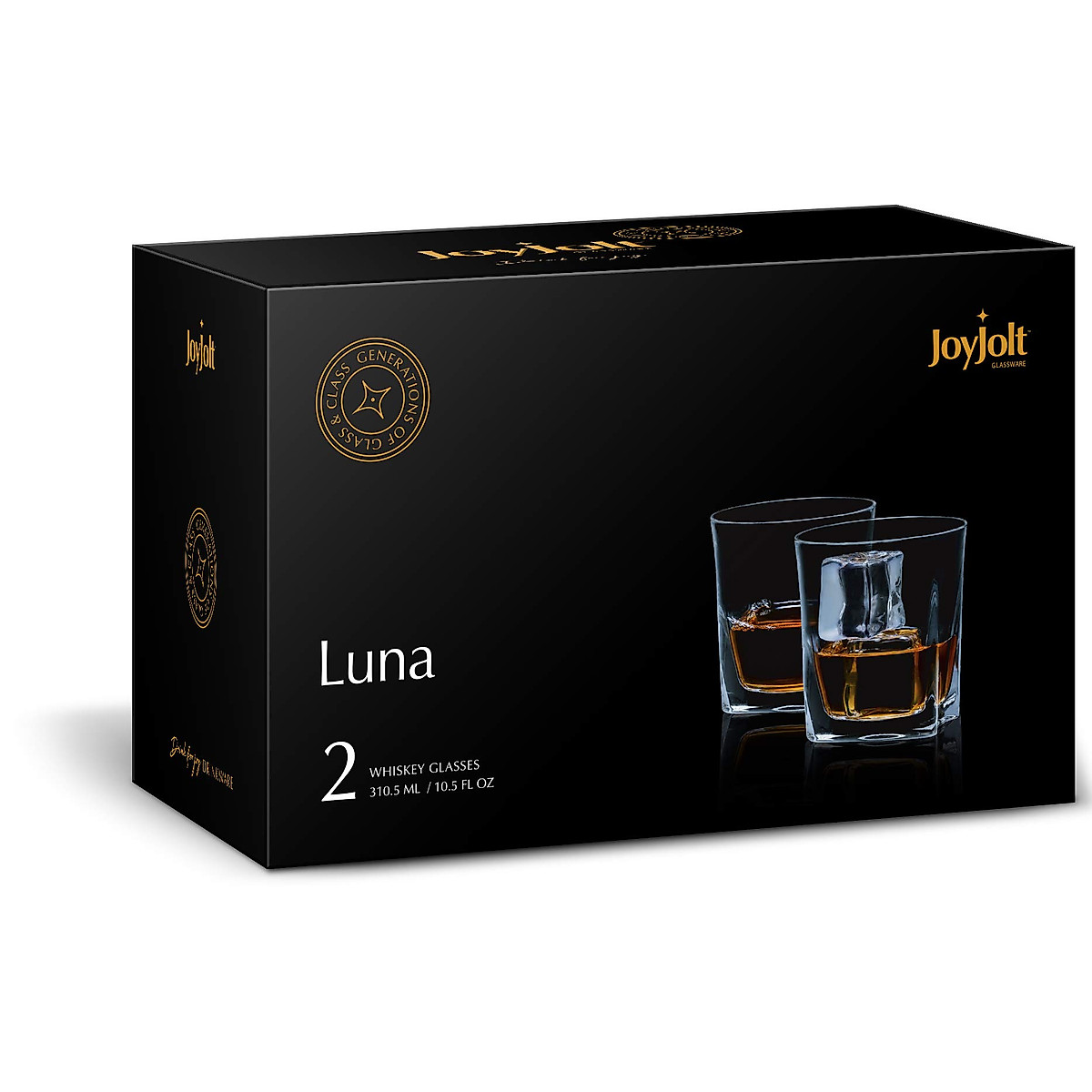 JoyJolt Luna Crystal Whiskey Glasses, Old Fashioned Whiskey Glass 10.5 Ounce, Ultra Clear Crystal Scotch Glass for Bourbon and Liquor Set Of 2 crystal Glassware