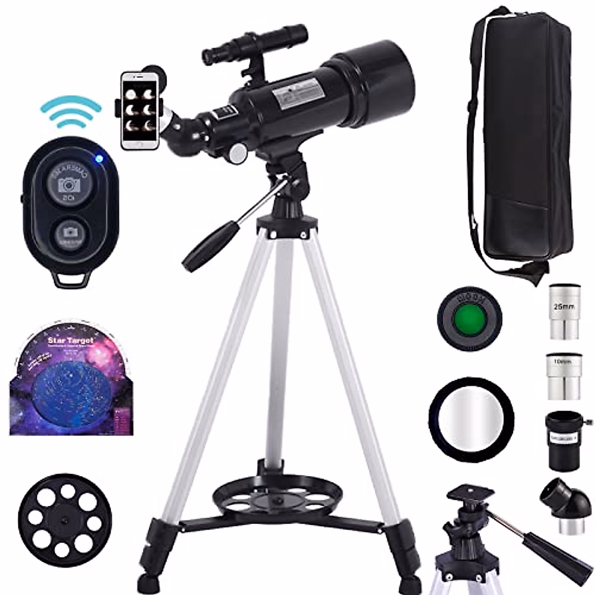 NETSKINSON Telescope, 70mm Aperture 400mm AZ Mount Astronomical Refracting Telescope for Kids Beginners, Portable Travel Telescope with Carry Bag, Phone Adapter & Wireless Remote