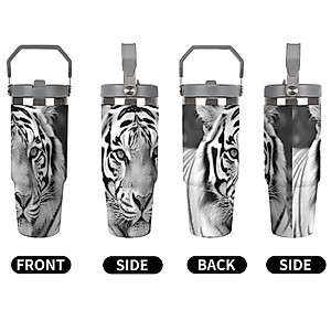ZJCDPBR 30 Oz Tumbler with Foldable Handle And Flip Straw,Black White Tiger Vacuum Insulated Travel Coffee Tumblers,Stainless Steel Leak-Proof Water Bottle,Fits in Cup Holder,Keep Cold 24H & Hot 12H
