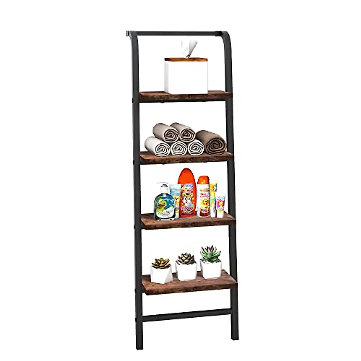VERFARM 4-Tier Modern Ladder Shelf, Open Wall-Mounted Bookshelf with Stable Metal Frame, Storage Rack Shelves, Stand Bookcase for Home Office, Bedroom and Living Room, Black, Rustic Brown