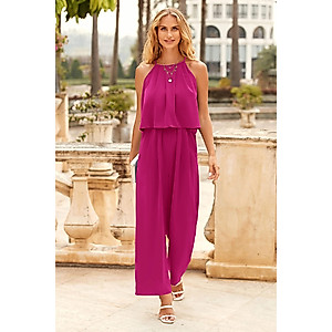 PRETTYGARDEN PRETTYGRADEN Women's Casual Summer Sleeveless Jumpsuit Halter Neck Wide Leg Pants Rompers One Piece Outfits (Rose Red,X-Large)