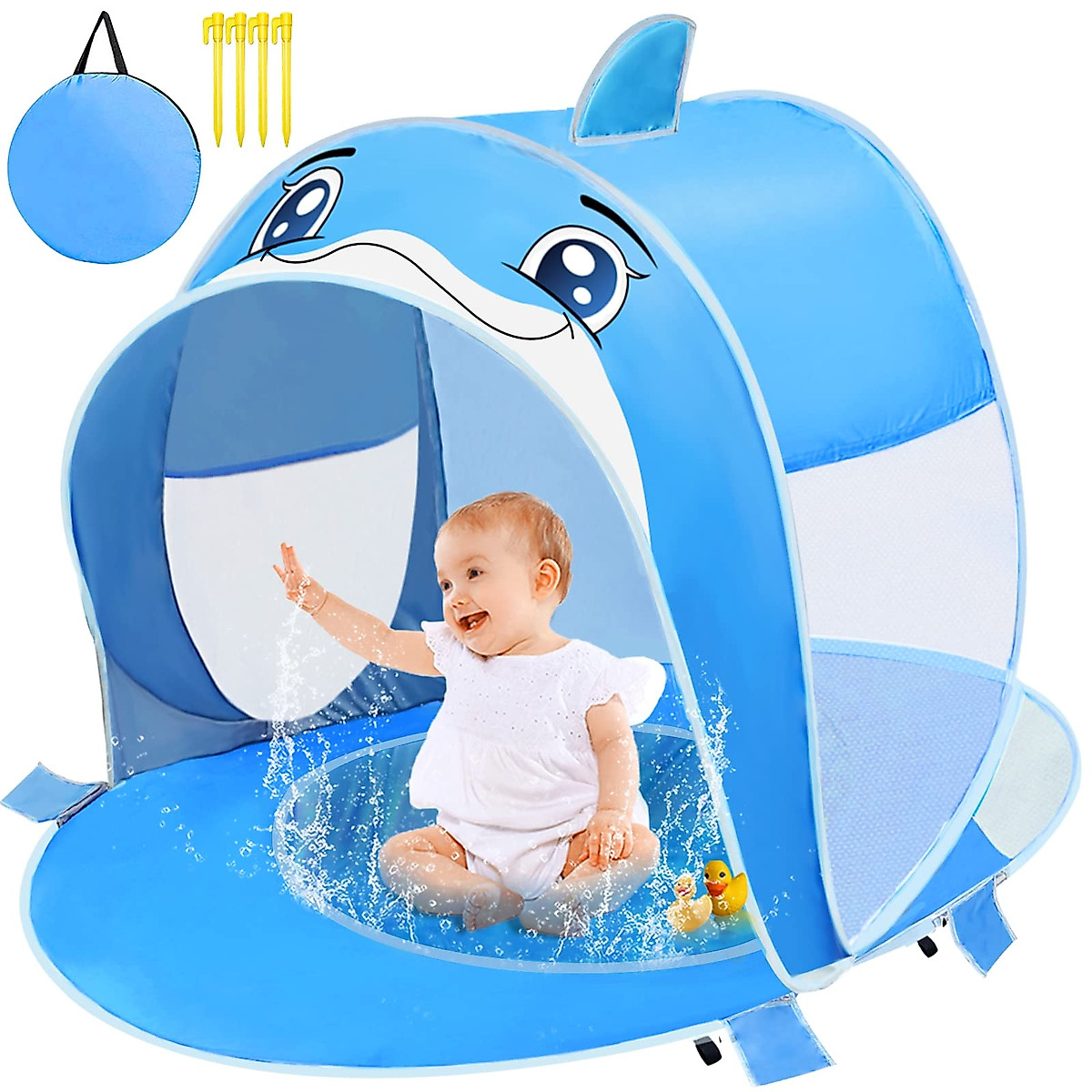Dolphin Baby Beach Tent with Pool, UPF 50+ UV Protection Pop Up Portable Sun Shade Beach Tent with Sand Pocket, Waterproof Outdoor Sun Shelter for Baby Toddler Age 6-36 Months Baby Essentials