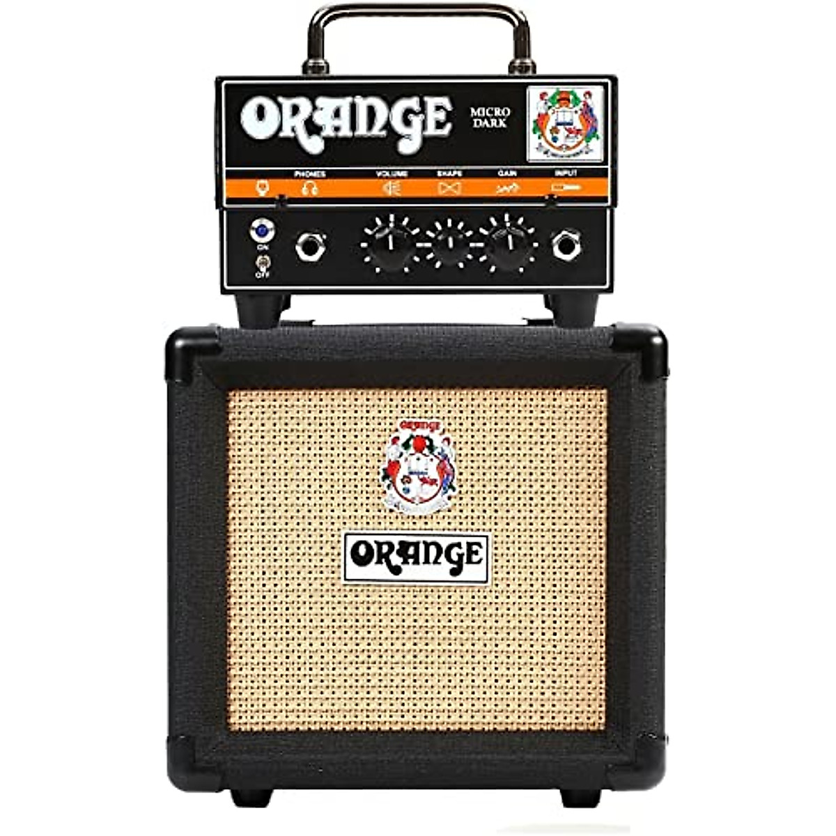 Orange Amp Micro Dark Terror MD20 Hybrid Amp Head Mini Stack Combo Bundle with PPC108 1x8 in Black Speaker Cabinet, Pig Hog Woven Guitar Cable 10ft, Speaker Cable and Liquid Audio Polishing Cloth