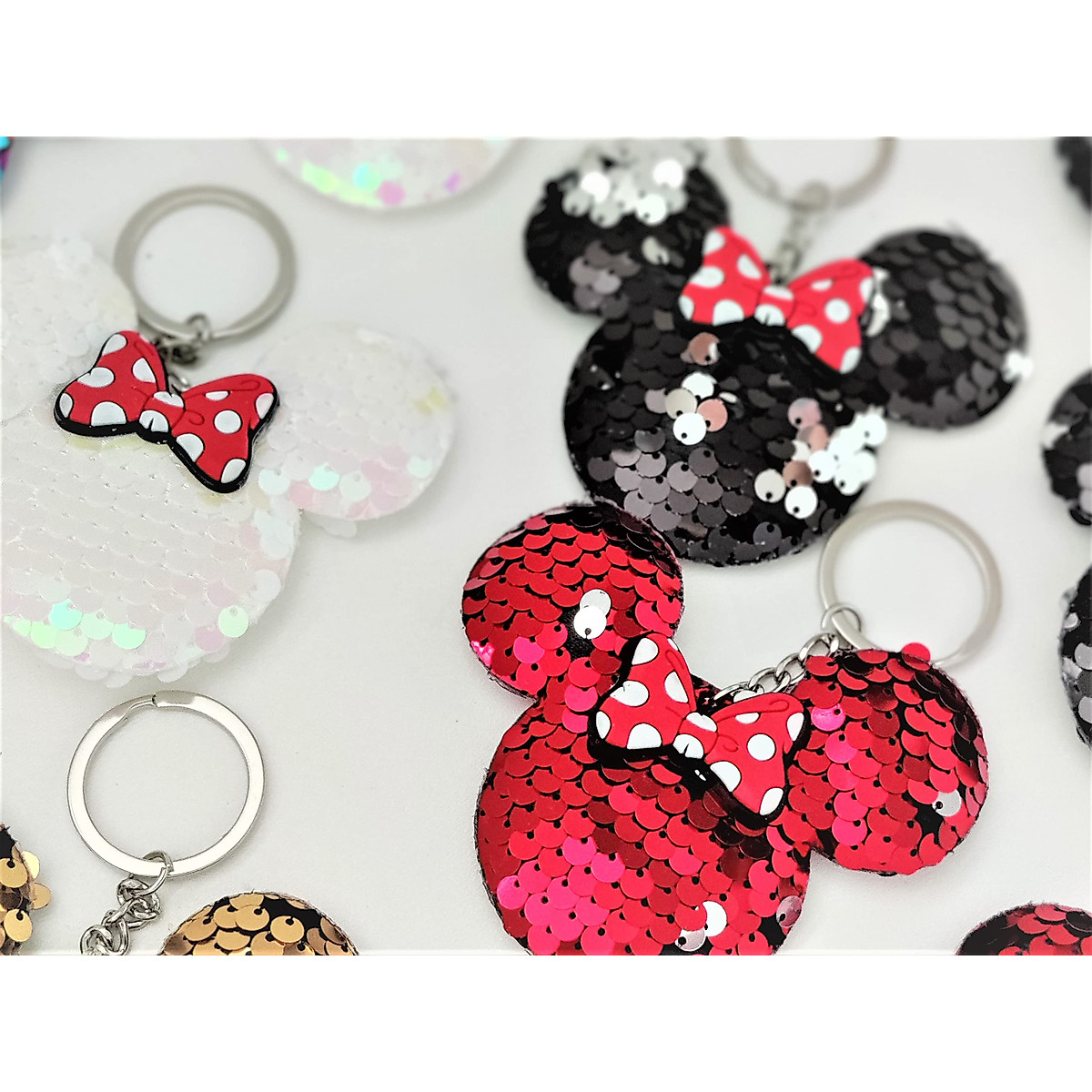 ITISMINE 12 pieces Sparkly BLINK Plush Reversible Sequin 3 inch Key Chain Appeal Backpack Bag Accessories (Minnie Shape), Red Pink Gold Silver Rainbow, 1 size fit all