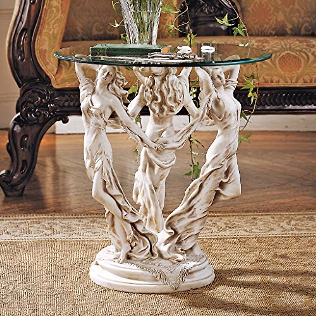 Design Toscano The Greek Muses Glass Topped Side Table, 20 Inch, Antique Stone